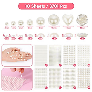 MYDBUYSOME 3701PCS Pearl Stickers Pearls for Crafting - Self Adhesive Pearls for Hair Face Makeup Eye Nail Crafts, Stick On Gems (White, Assorted Sizes)