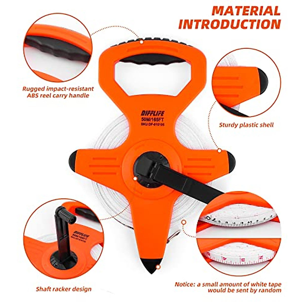 DIFFLIFE Open Reel Measure Tape Measuring Reel,165-Feet-50M by 1/2 Inch, 3X Speed Double-Coated Fiberglass Tape Measure with Metal Spike, Athletic Field, Long Jump Measuring Tape Reels (165FT)