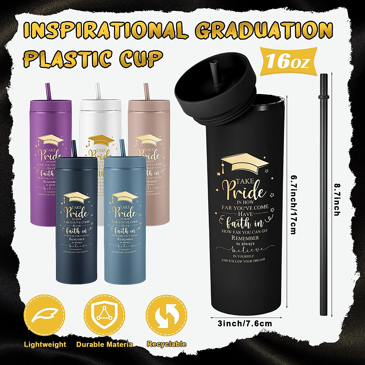 Blushtier 6 Pcs Class of 2025 Graduation Gifts Bulk 16oz Matte Graduation Cups 2025 Inspirational Tumbler with Lid and Straw Plastic Drinking Tumbler for Teen High School Grad Party Favors (Colorful)