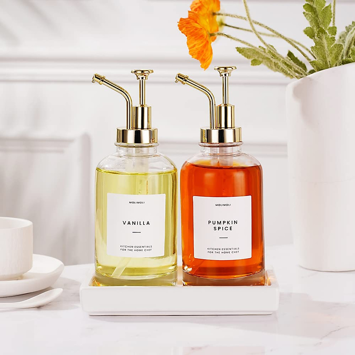 Molimoli Coffee Syrup Dispenser for Coffee Bar, Coffee Pump Dispenser Set of 2, 350ml Gold | Coffee Syrup Dispenser for Coffee Bar with Ceramic Tray, Coffee Pump Dispenser Set of 2, 500ml Gold+tray