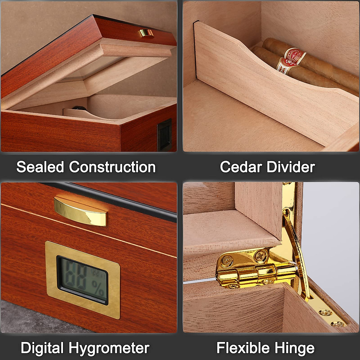 Bald Eagle Cedar Cigar Humidors with Digital Hygrometer, Handcrafted Cigar Box with Humidifier, Glass Top Humidor Box Luxury Cigar Case Sapele Cherry Finish Cigar Box (25-50 Cigars)