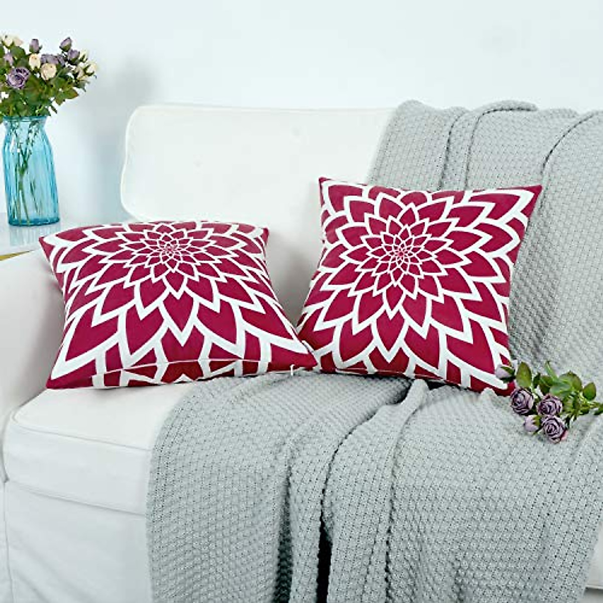 TEAGAN Throw Pillow Covers, 2PCS Cushion Covers with Flower Print, Throw Pillow Covers for Home Decorative Bedroom Living Room, Home Garden Couch Bed Sofa Chair, 20X20 Inch, Deep Red