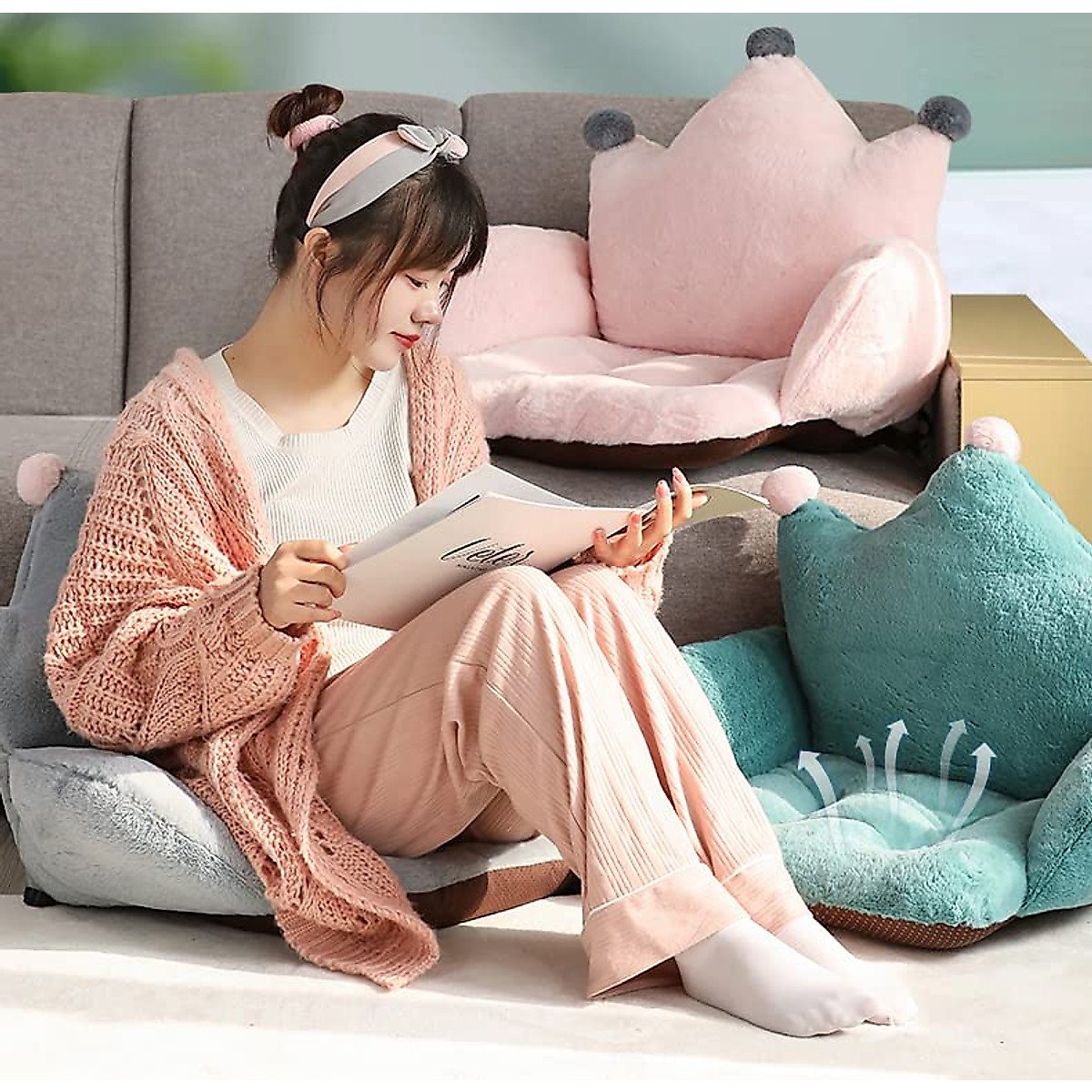 Fluffy Crown Armchair Cushion Semi-Enclosed Chair Backrest Cute Office Pads Warm Desk Seat for Women Girl Soft Floor Sofa Non-Slip Sitting Mat Plush Home Lumbar Waist Back Support Pad, Green