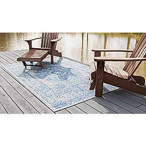 Unique Loom Outdoor Traditional Collection Area Rug - Timeworn (9' x 12' Rectangle, Blue/ Gray)