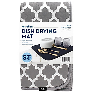 S&T INC. Absorbent, Reversible Microfiber Dish Drying Mat for Kitchen, 16 Inch x 18 Inch, White Trellis