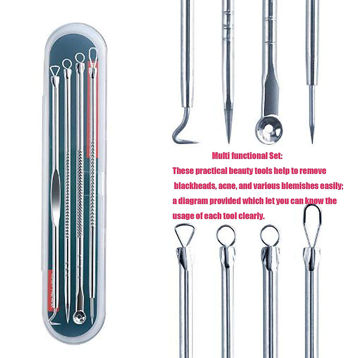 Blackhead Remover Pimple Comedone Extractor Tool Best Acne Removal Kit - Treatment for Blemish, Whitehead Popping, Zit Removing for Nose Face Skin with Case (Sliver, 4 Piece Set)