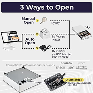 13" Cash Register Drawer for Point of Sale (POS) System with 4 Bill 5 Coin Cash Tray, Removable Coin Compartment, 24V, RJ11/RJ12 Key-Lock, Media Slot, White - for Stores, Shops, and Businesses