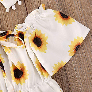 Kuriozud Baby Girl Sunflower Romper Newborn Infant Off Shoulder Bodysuit One Piece Summer Clothes (Sunflower White + Headband, 0-6 Months)