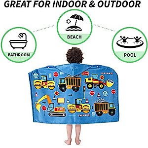 Bavilk Kids Hooded Bath Beach Towel Girls Boys Swim Pool Cover Up Super Absorbent Cute Cartoon Animal Full Vitality (Blue Car)