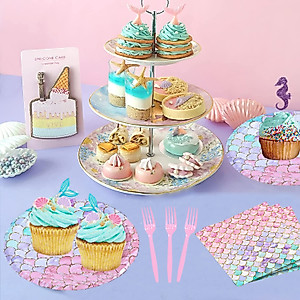 96 Pcs Mermaid Birthday Party Supplies Plates and Napkins Set for 24 Guests, Little Mermaid Party Decorations Ocean under the Sea Party Tableware Plate, Fork, Napkins for Princess Girls Baby Shower