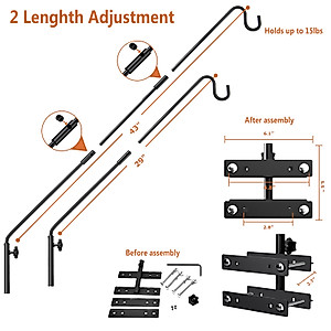 IVOODi Heavy Duty Deck Hook-Deck Railing Plant Hanger, 29 to 43 Inch Extended Bird Feeder Hanger W/Double Clamps,Versatile Deck Shepherd Hook for Hanging Bird Feeders,Lanterns,Planters etc.