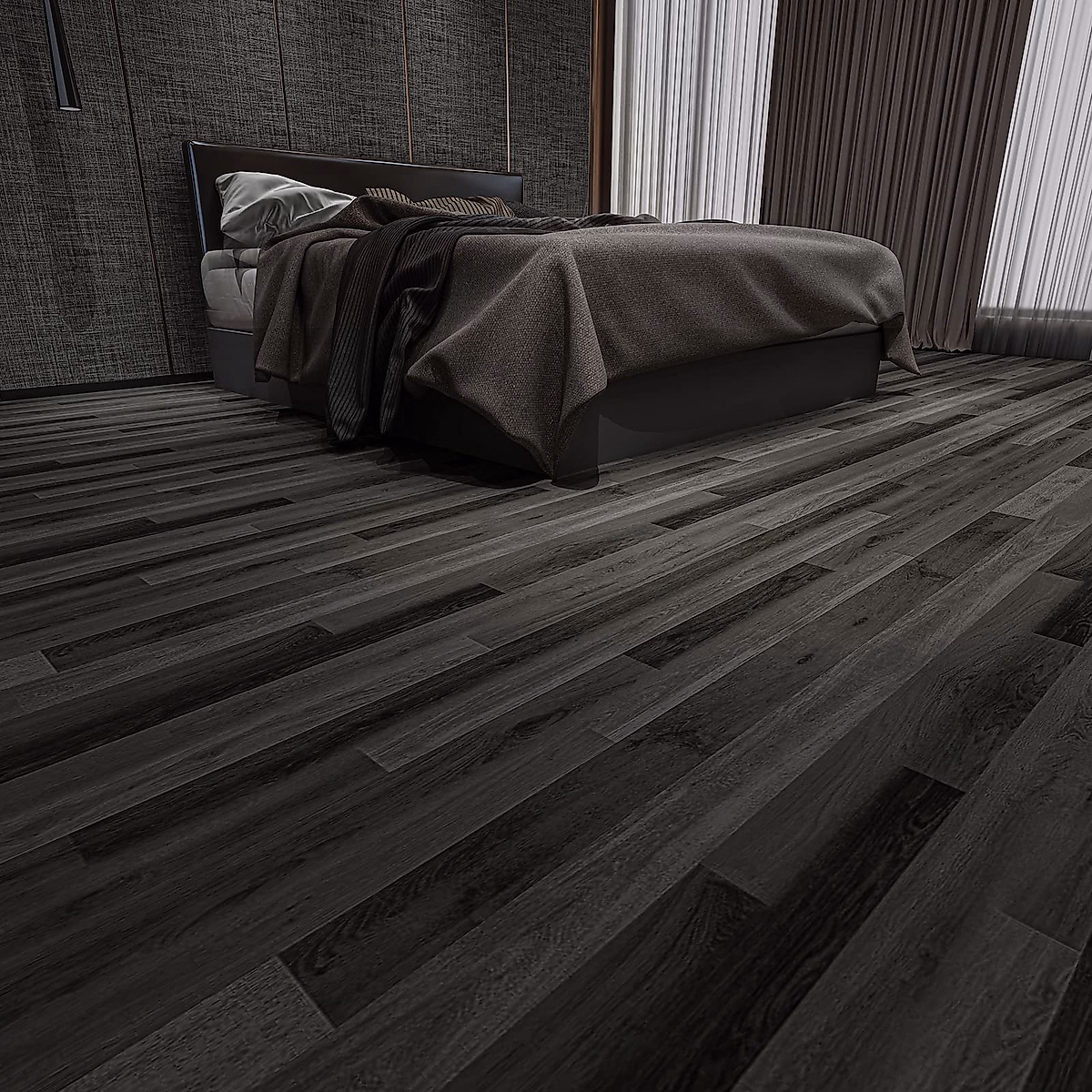 Peel and Stick Floor Tiles Vinyl Flooring Planks, 24 Sheets 36 Sq.Ft Black Adhesive Wood Plank, Thin Design