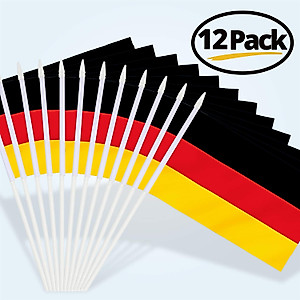 Anley Germany Mini Flag 12 Pack - Hand Held Small Miniature German Flags on Stick - Fade Resistant & Vivid Colors - 5x8 Inch with Solid Pole & Spear Top