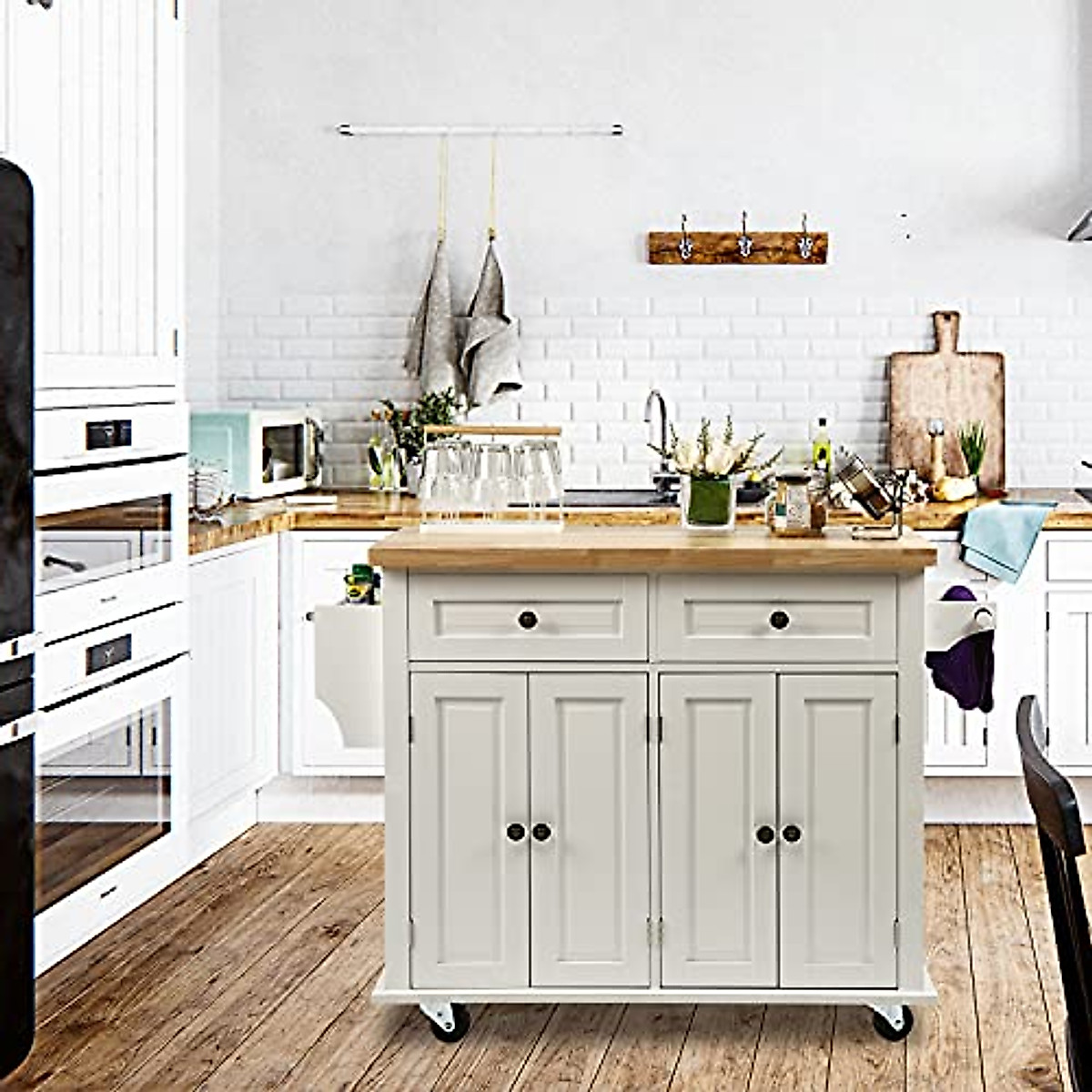 NSdirect Kitchen Island Cart,Kitchen Bar&Serving Cart Rolling on Wheels with Spice Rack Towel Holder Utility Storage Trolley with Storage Drawers for Home Hotel Kitchen Dinning Room(White)