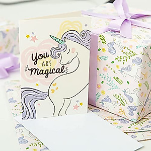 Unicorn Wrapping Paper for Girls - Premium Pink Wrapping Paper Kids Bundle includes 3 Folded Sheets 30 x 20 inches, 3 Coordinating Gift Cards and Ribbon Great for Unicorn Birthday Party Decorations and Gift Wrapping Paper