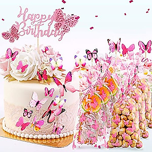 100 Pieces Butterflies Cellophane Goody Bags Plastic Butterfly Candy Bag Butterfly Treat Bags with 100 Pieces Silver Twist Ties for Butterfly Theme Baby Shower Birthday Party Dessert Decors (Pink)