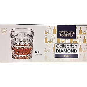 Czech Bohemian Crystal Glass Set of 6 Whiskey Glasses 8oz./250ml. Elegant Diamond Design Heavy Base Old Fashioned Style Bourbon Scotch Brandy Holiday Gift Birthday Wedding Housewarming Anniversary