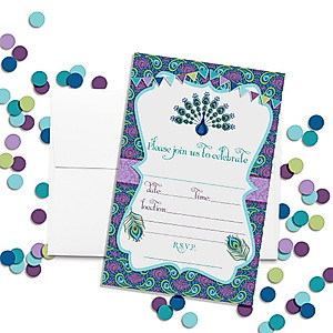 Amanda Creation Peacock Themed Birthday Party Fill In Style Invitations, set of 20 including envelopes