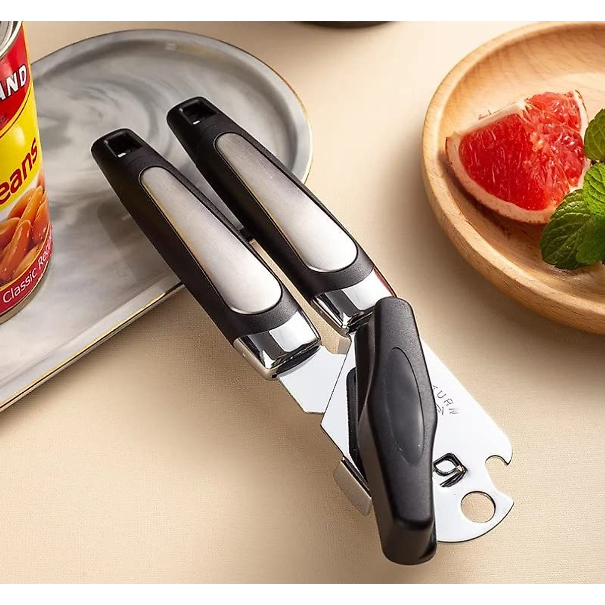 ANDILL Can Opener Manual, Good Grips Anti-slip Hand Grip, Stainless Steel Sharp Blade, with Large Turn Knob, Black/Silver, 8.26 x 2.36 x 2