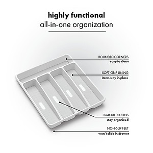 madesmart Classic Small Silverware Tray - White | CLASSIC COLLECTION | 5-Compartments | Icons help sort Flatware, Utensils and Cutlery | Soft-grip Lining and Non-slip Feet | BPA-Free