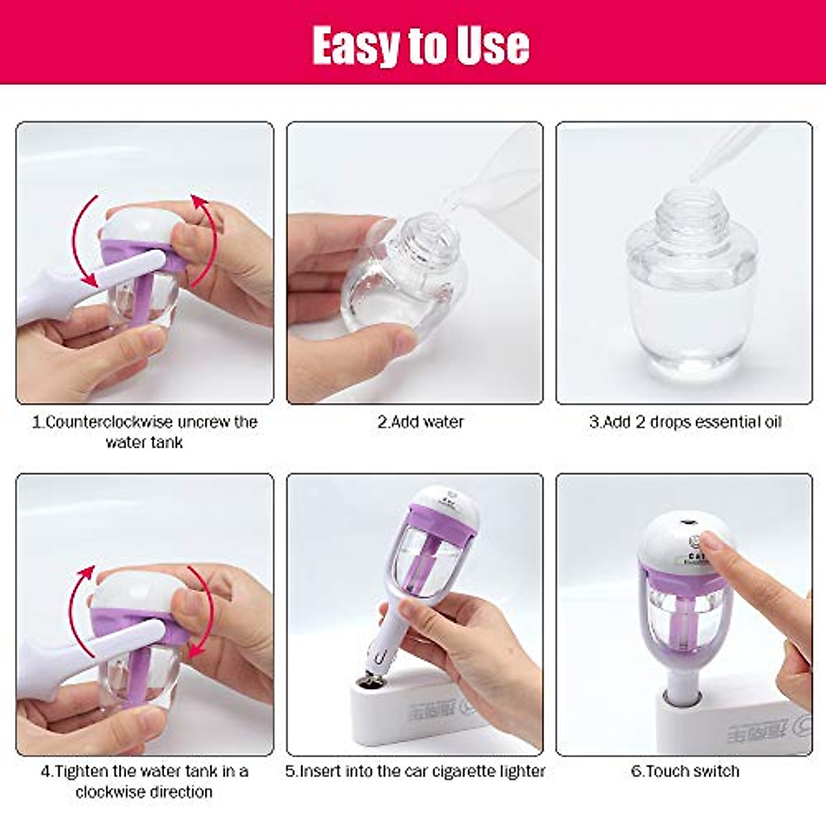 XSUPER Car Humidifier Aromatherapy Essential Oil Diffuser, Portable Mini Purifier Aroma Freshener Diffuser with 180 Degree Rotation, 12V 1.5W Personal Car Purifier Humidifier