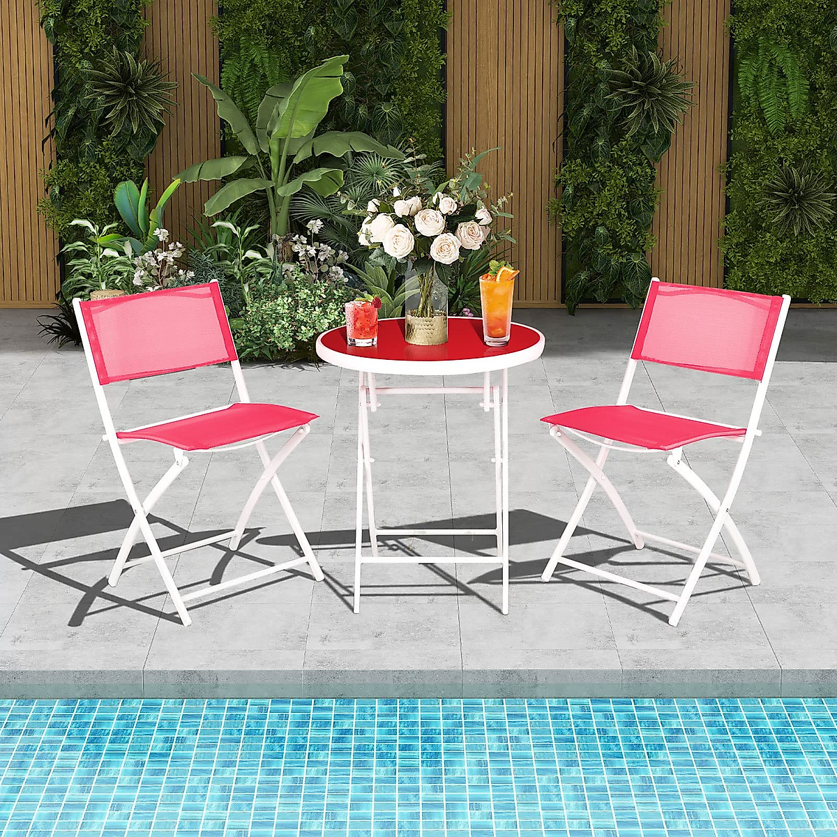 HAPPYGRILL 3 Pieces Patio Folding Bistro Set, Outdoor Foldable Chair & Table Set with Breathable Fabric, Tempered Glass Tabletop, Small Conversation Furniture Set for Porch Balcony Poolside Yard