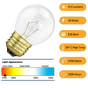 Oven Light Bulb 40 Watt, G45 Clear - High Temp 120V 415 Lumens E26 Standard Base, Appliance Light Bulb for Stove Refrigerator Microwave 4-Pack