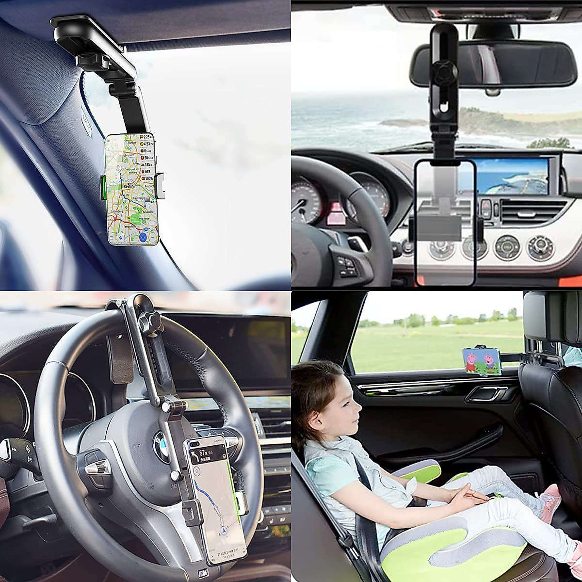 Multifunctional Rotating and Telescopic Phone Mount for Car, Can Use Sun Visor, Rearview Mirror, Seat, Steering Wheel, etc. Universal Cell Phone Clip Holder is Compatible with 4-7 inch Smartphones.