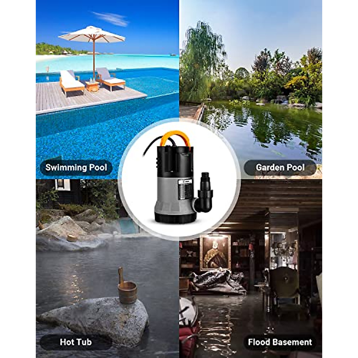 DEKOPRO Submersible Water Pump 1HP 3302GPH 750W Utility Pump Portable Electric Water Transfer Pump for Swimming Pool Tub Garden Pond with 16-Foot Cord