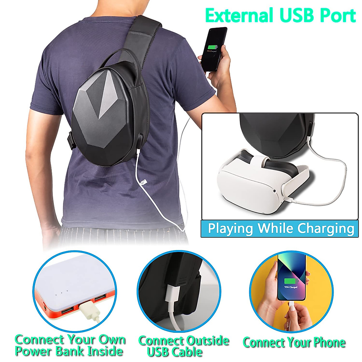 Carrying Case for Oculus Meta Quest 3, Quest 2, Vision Pro, Hard Crossbody Travel Bag for Meta Quest Pro Gaming Headset and Controllers, Lightweight VR Accessories with Portable USB Charging Port