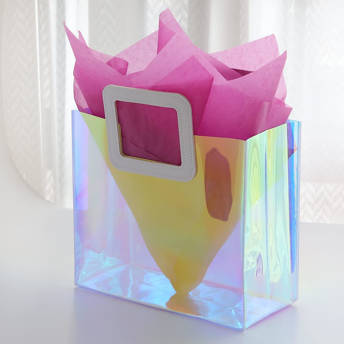 VUOJUR 11'' Holographic Medium Gift Bag with Tissue Paper Reusable Birthday Gift Bag for Women Girls Iridescent Bachelorette Wedding Bridal Bridesmaid Tote Gift Bag (Pack of 1, M Orchid)