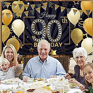 Happy 90th Birthday Backdrop Banner Extra Large Black and Gold 90th Birthday Photo Booth Backdrop Photography Background Happy 90th Birthday Party Decorations for Women and Men, 72.8 x 43.3 Inch