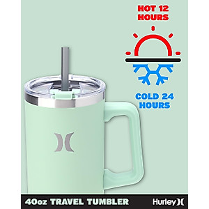 Hurley Tumbler Thermos - 40oz Double Wall Vacuum Insulated Travel Mug with Handle - BPA Free Stainless Steel Water Bottle - Leak Proof Hot and Cold Coffee Car Cup, Size 40 Ounces