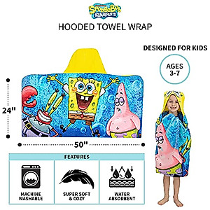 Franco Kids Bath and Beach Soft Cotton Terry Hooded Towel Wrap, 24 in x 50 in, SpongeBob SquarePants