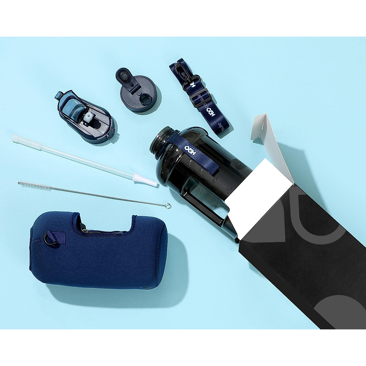 H2O Capsule 2.2L Half Gallon Water Bottle with Storage Sleeve and Covered Straw Lid – BPA Free Large Reusable Drink Container with Handle - Big Sports Jug, 2.2 Liter (74 Ounce) Navy Blue