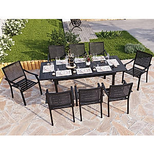 PHI VILLA Outdoor Patio Dining Table and Chairs Set of 9 Pieces Patio Furniture Set Metal Expandable Dining Table 8 Wrought Iron Stackable Chairs for Bistro Backyard