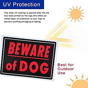 Beware of Dog Sign Meta 14x10 inch Rust Free Aluminum, UV Printed, Easy to Mount Weather Resistant for Fence (4 Pack)