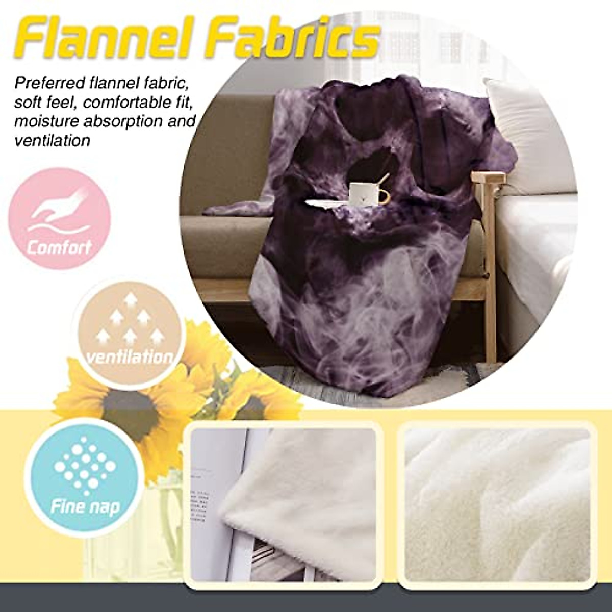 Purple Skull Soft Throw Blanket All Season Microplush Thick Warm Blankets Tufted Fuzzy Flannel Throws Blanket for Bed Sofa Couch 80"x60"