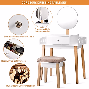 GOFLAME Vanity Dressing Table Set with Cushioned Stool & Height-Adjustable Large Mirror, Makeup Dressing Table Desk with Large Drawer for Home Office Bedroom Contemporary Vanity Table Desk, White
