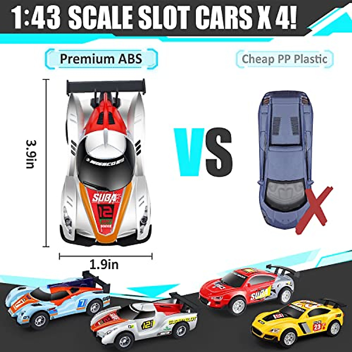 Electric Racing Tracks for Boys and Kids Including 4 Slot Cars 1:43 Scale with Headlights and Dual Racing, Race Car Track Sets with 2 Hand Controllers, Gift Toys for Children Over 8 Years Old