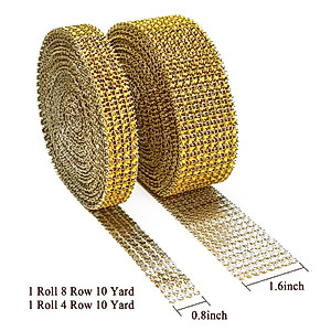 BTSD-home Gold Rhinestone Ribbon 2 Roll Diamond Ribbon for Crafts, Cake, Birthday Decorations, Wedding, Baby Shower Event and Arts (20Yard Gold)