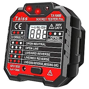 Taiss GFCI Outlet Tester New Advanced Receptacle Tester with Voltage Display 48-250V Power Socket Automatic Electric Circuit Polarity Voltage Detector Wall Plug Breaker Finder CAT II 300V TA106B