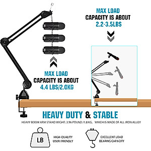 Microphone Boom Arm Mic Stand Mount Clamp Stand Microphone With 3/8" to 5/8" Screw Adapter And Cable Management Channels Desktop Arm Boom Stand Broadcasting Podcast Recording Gaming Live StreamIing