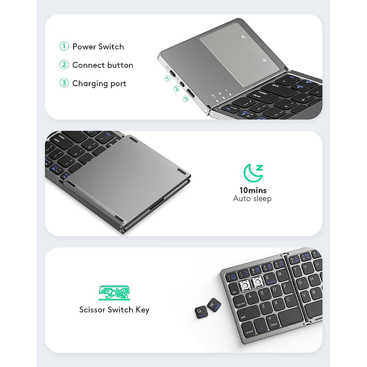 Samsers Foldable Bluetooth Keyboard with Touchpad Portable Wireless Keyboard with Stand Holder, Rechargeable Full Size Ultra Slim Pocket Folding Keyboard for Android Windows iOS Tablet & Laptop-Gray