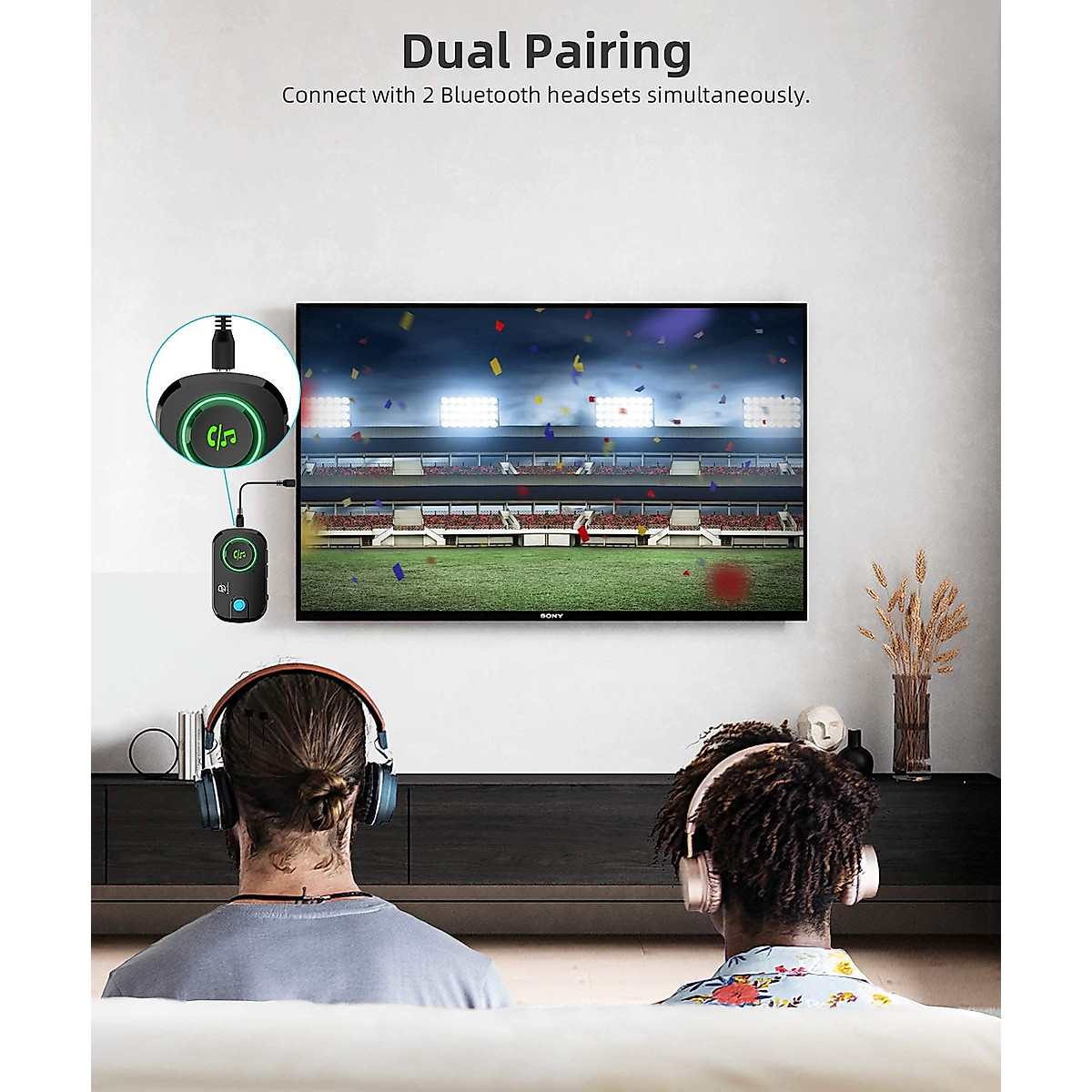 ByDiffer Dual Link Bluetooth 5.0 Audio Transmitter Receiver Sharing for up 2 Headphones, 3 in 1 Aptx Low Latency Wireless Adapter Splitter for TV Airplane Car Home Stereo System