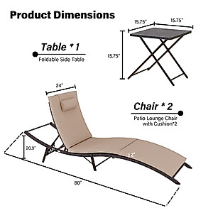 ASJMR Patio Chaise Lounge Set 3 Pieces Outdoor Lounge Chair with Rattan Adjustable Backrest and Folding Table for Beach Patio,Sand, for Poolside Backyard Porch