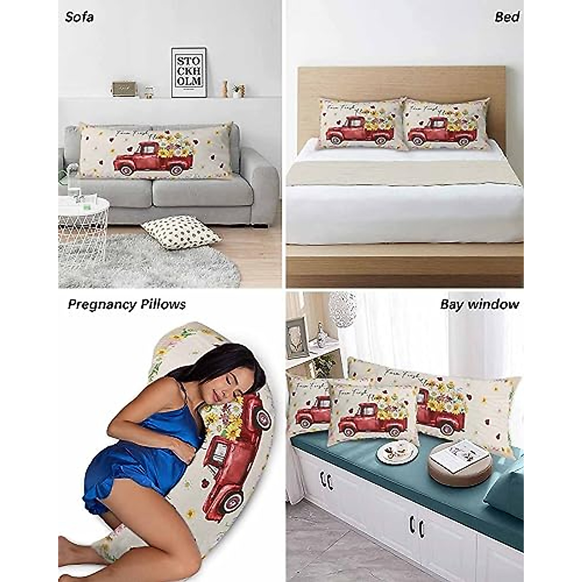 Edwiinsa Summer Truck Pillow Covers Standard Size Set of 2 20x26 Bed Pillow, Ladybug Spring Floral Rustic Plush Soft Comfort for Hair/Skin Cooling Pillowcases with Envelop Closure