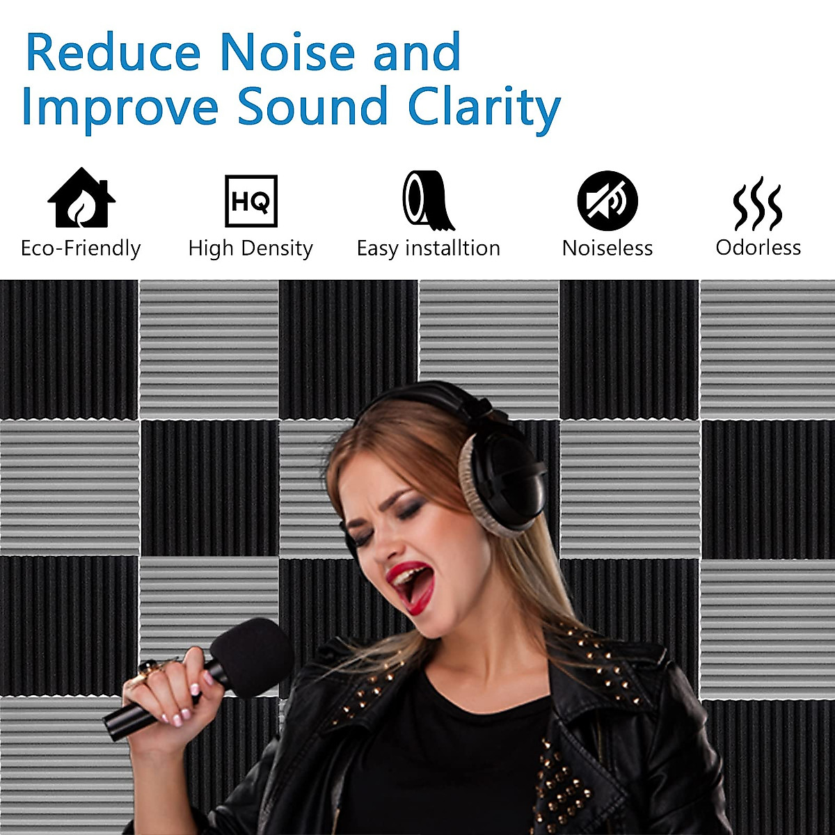 FOUCARSI 24 Pack Acoustic Foam Panels,Studio Soundproofing Foam, 1" X 12" X 12", Studio Foam Wedges,Sound Proof Padding (Black+Grey)