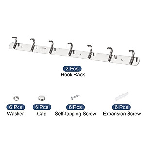 uxcell Coat Hook Rack, 304 Stainless Steel Coat Rack Wall Mounted with 7 Hooks Metal Hook Rail Wall Hangers for Hanging Bedroom Bathroom 2Pcs
