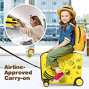 BABY JOY 2PC Kids Luggage Set, 4 in 1 Toddler 18” Ride-on & Carry-on Hardshell Suitcase with Wheels, Anti-Lose Rope, 12” Backpack Set, Lightweight Travel Rolling Trolley for Boys Girls (Cute Bee)